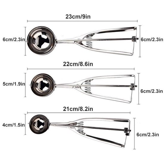 Ijsboltang | ijs schep | oliebollen schep | portioneerlepel | set 3 ...