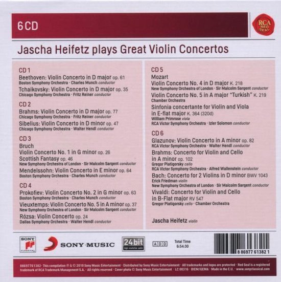 Jascha Heifetz Plays Great Violin Concertos, Jascha Heifetz | CD (album) | Muziek | bol