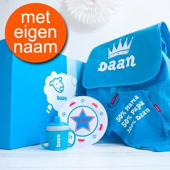 Kraamcadeau Boxzak, bordje, anti-lek beker en romper korte mouw met ...