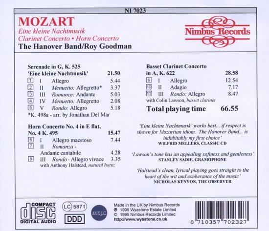Hanover Band, Roy Goodman - Mozart: Eine Kleine Nachtmusik, Clarinet ...