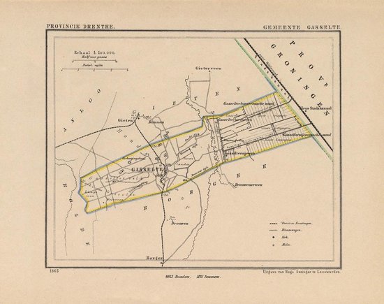 Historische kaart, plattegrond van gemeente Gasselte in Drenthe uit ...