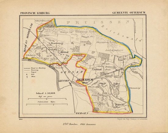 Historische kaart, plattegrond van gemeente Ottersum in Limburg uit ...
