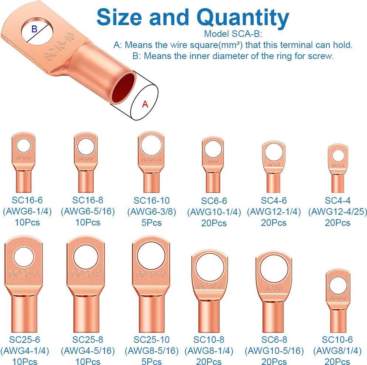 170x Verschillende Maten koperen batterij Kabelschoenen AWG4, AWG6 ...