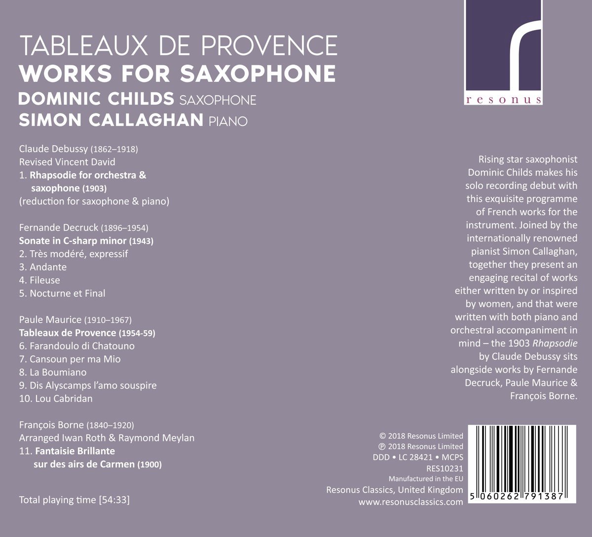 Dominic Childs Simon Callaghan - Tableaux De Provence Works For Saxophone (CD), Simon... | bol.com