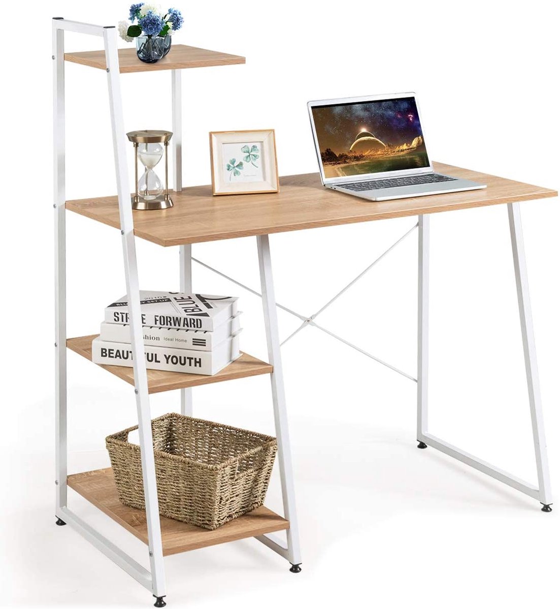 LUXGOODS Computerbureau met planken, bureau -met opslag planken ...