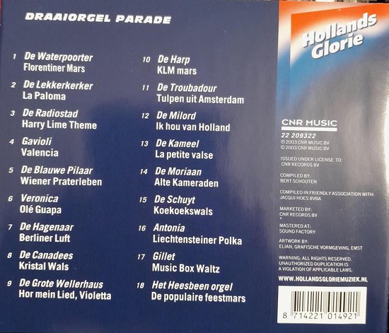 Various Draaiorgel Parade - Hollands Glorie, Onbekend | CD (album) | Muziek | bol