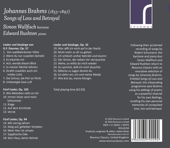 Simon Wallfisch, Edward Rushton - Brahms: Songs Of Loss And Betrayal ...
