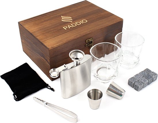Paddio Whiskey set - Incl. whiskey glazen, heupfles, whiskey stones en ...