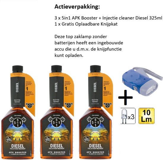 5 in 1 APK Booster + Injectie cleaner Diesel 325ml - 3 Stuks + Zaklamp ...