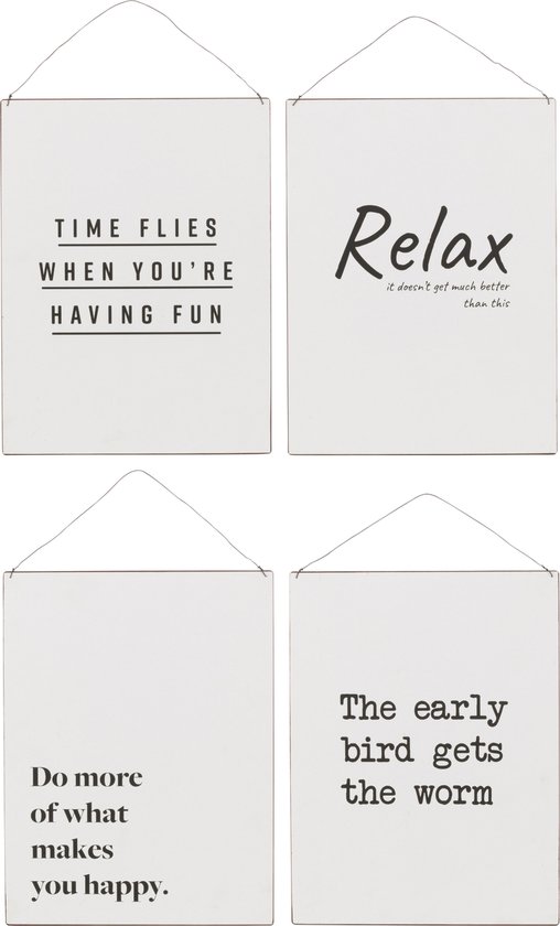 J-Line plakkaat Frans/Engels - textiel/metaal - wit/zwart - 4 stuks | bol