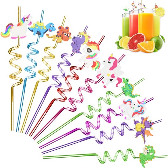 Pak van 10 herbruikbare plastic rietjes, plastic rietjes van dinosaurus ...
