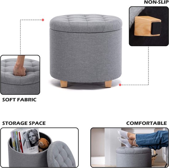 Poef Rond 45cm - met Gewatteerde Zitting - Stoel met Deksel - Linnen ...