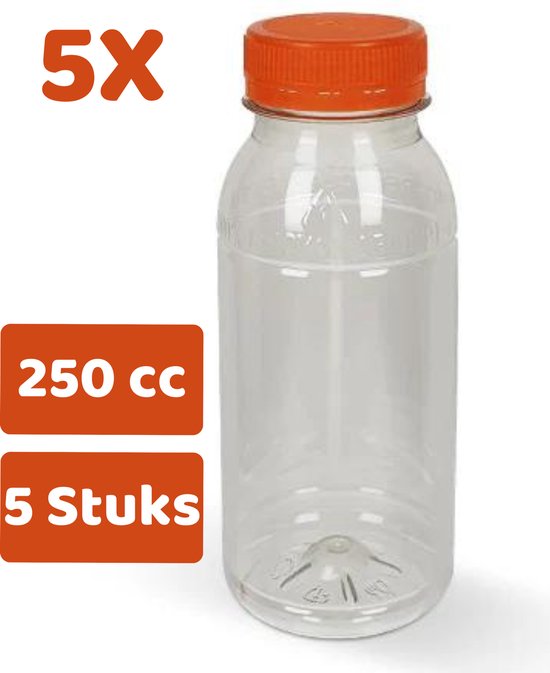 5x 250cc Flesje helder met oranje dop - 38mm x 14cm - Vernieuwde ...