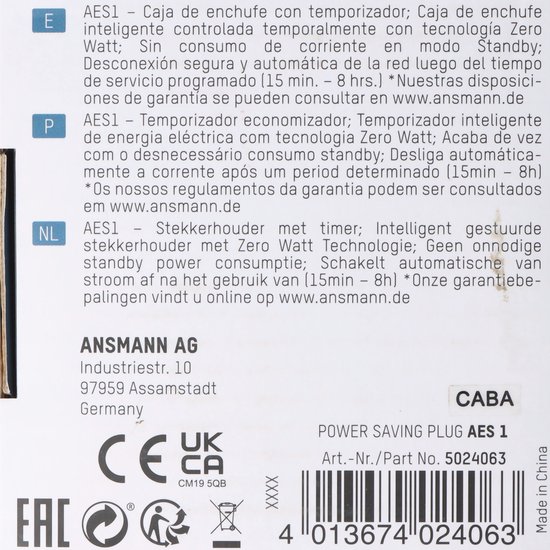 Ansmann Zerowatt AES 1 Timer stopcontact - Energiebesparend met ...