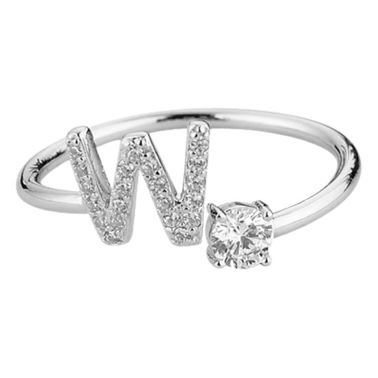 Zilveren Ringen - Letter ring W met zirkonia | Verstelbare met letter W ...