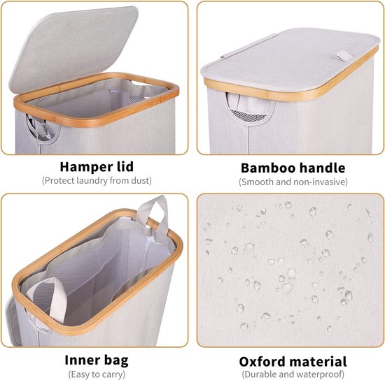 Wasmand voor wasgoed 60L - Slanke opvouwbare wasmand met bamboe handvat en deksel... | bol