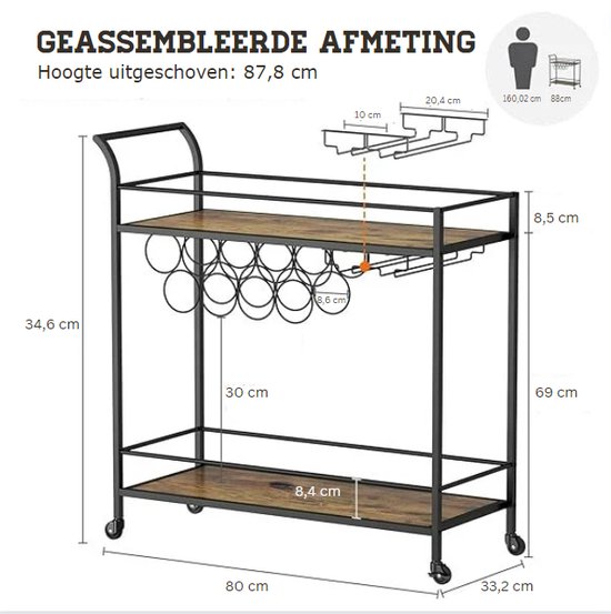 Rustiek Karretje Op Wieltjes - Keukentrolley Met 2 Platen + 8 ...