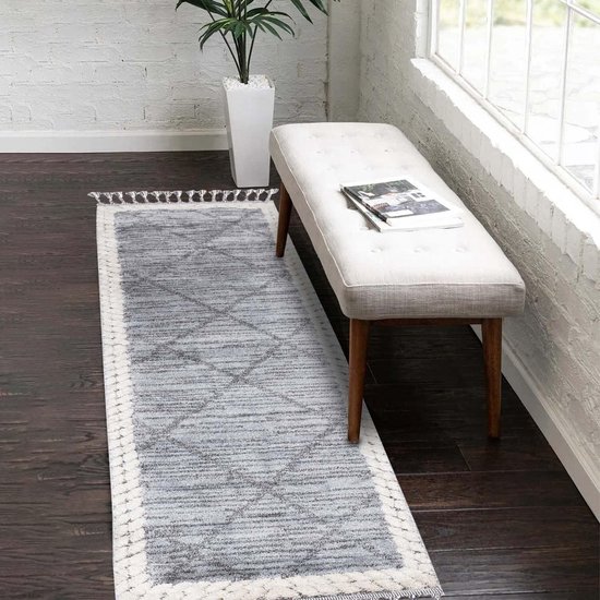 Tapijtloper voor gang, boho-stijl, grijsblauw, crème, 80 x 300 cm ...