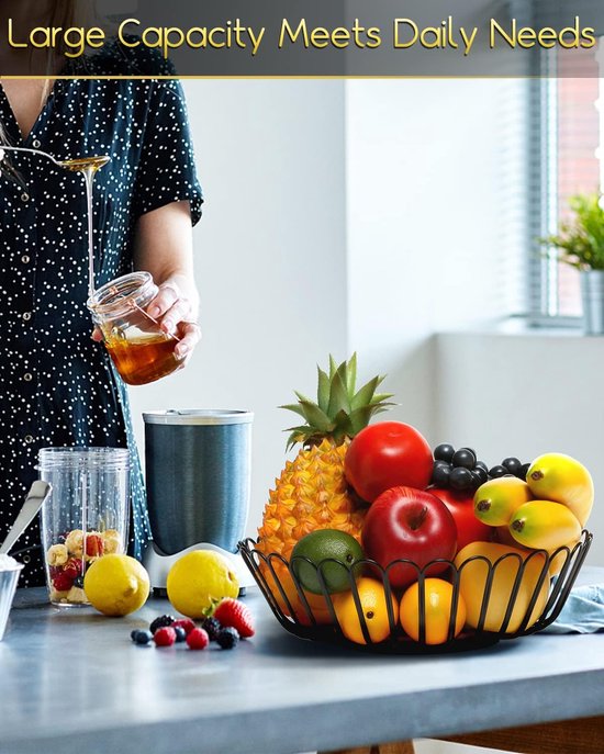 Groot Fruitmand, 30x9cm Zwart Fruitschaal met Houten Voet, Metaal, Modern | bol