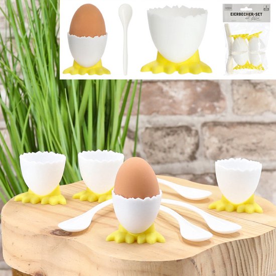 Set van 4 plastic eierdopjes en 4 lepeltjes in de vorm van een eitje met gele pootjes | bol
