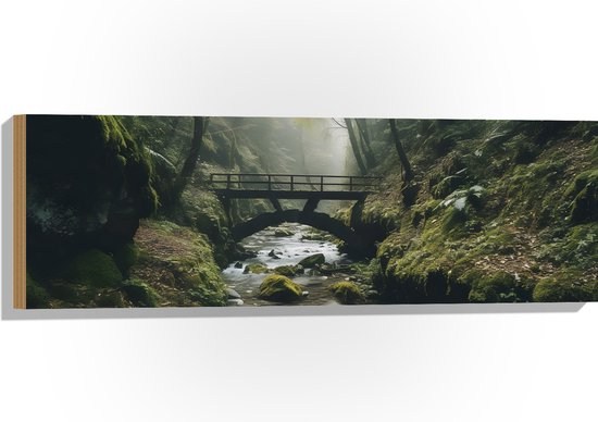 Hout - Houten Brug over Riviertje in Mistig Bos - 90x30 cm - 9 mm dik ...