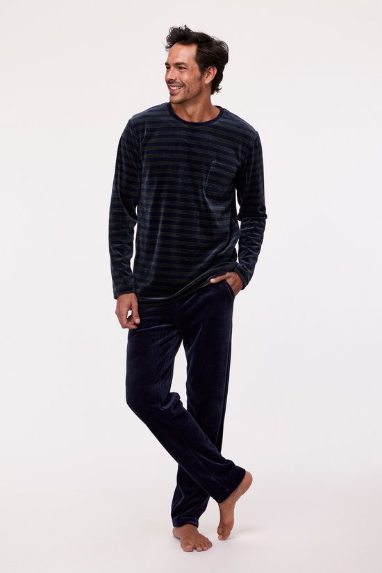 Pyjama Heren Woody Classic Strepen Borstzakje - Donkerblauw | bol.com