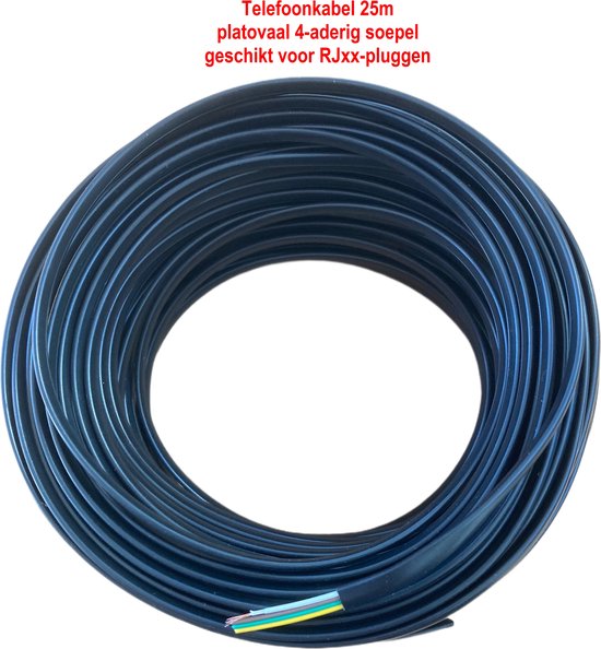 TELEFOONKABEL - 25m – 4-aderig - soepel - zwart - zonder connectoren | bol