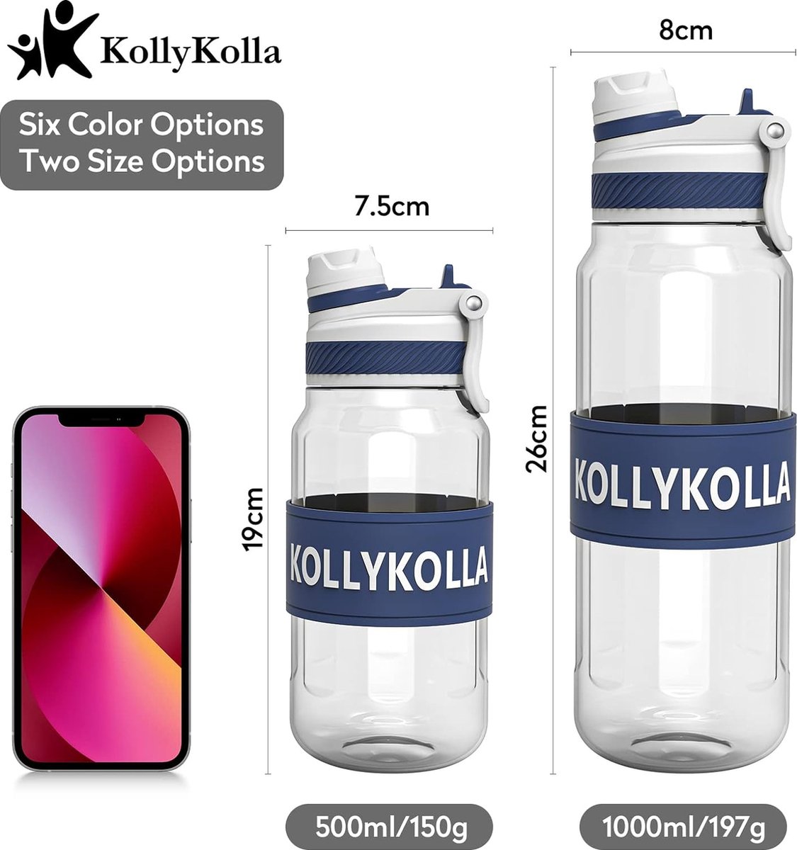 KollyKolla waterfles 1L, sportdrinkfles met rietje, 2 ...