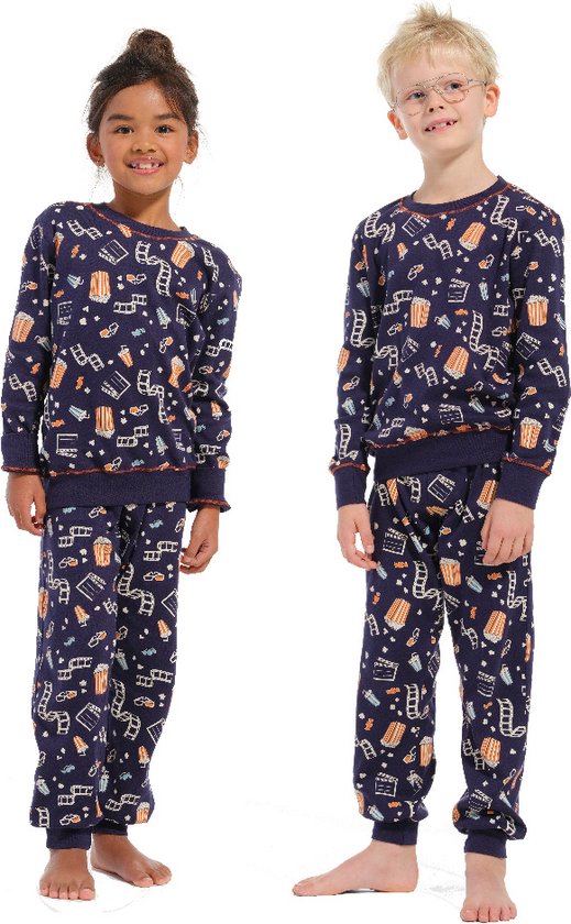 Warme uniseks kinderpyjama popcorn Robin - Blauw - Maat - 104 | bol
