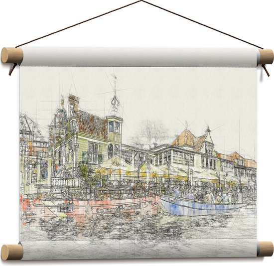 Textielposter - Tekening van Bootjes op de Grachten van Amsterdan ...