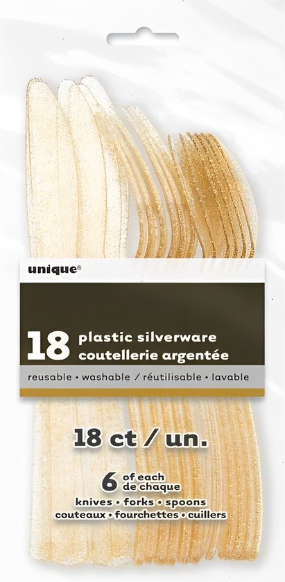 Unique Party 63650 - Gold Glitter Plastic Bestekset voor 6 gasten (18 ...