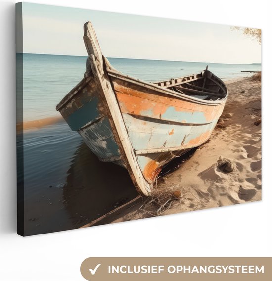 Canvas schilderij 150x100 cm - Wanddecoratie Boot - Zee - Zand - Strand - Natuur -... | bol