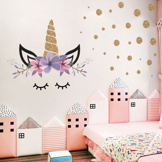 Muursticker Unicorn paars rose | Bloemetjes | Gouden stippen | Oogjes ...
