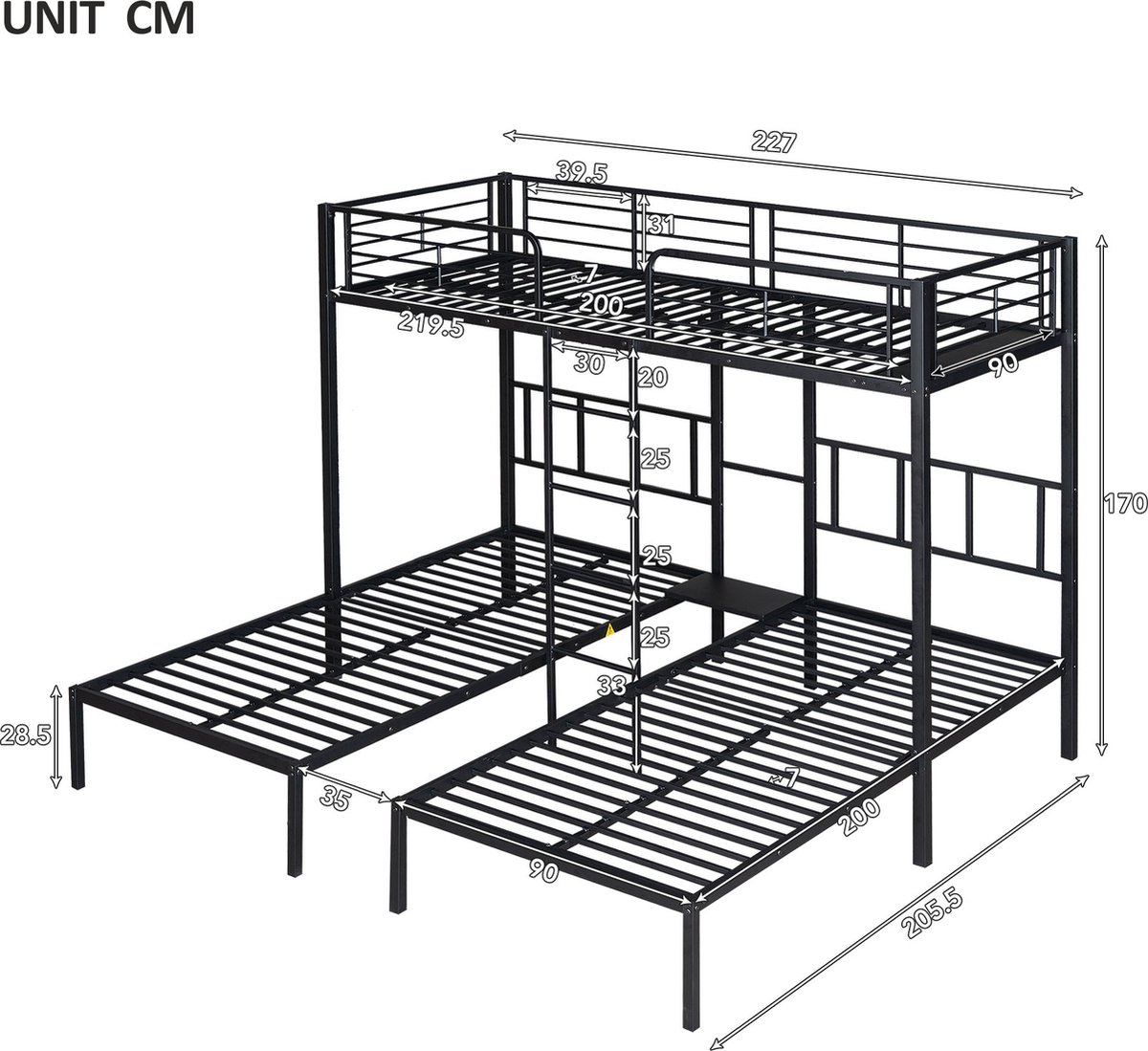 3-persoonsbed metaal-driedubbel stapelbed met ladder voor kinderen en ...