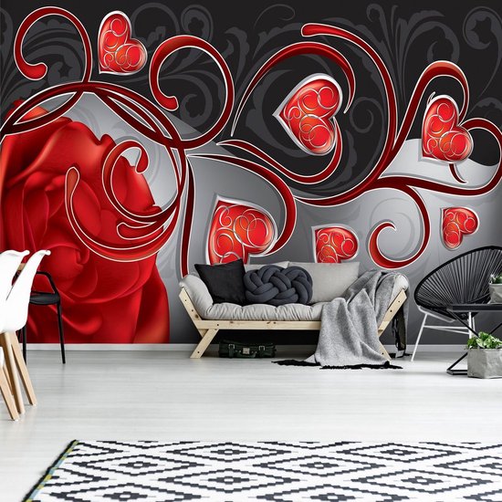 Fotobehang - Vlies Behang - Rode Hartjes en Roos - Kunst - 254 x 184 cm ...