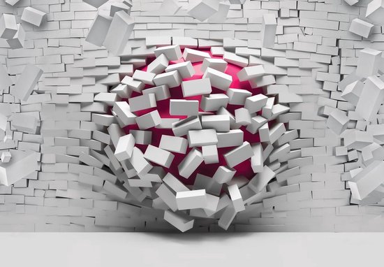 Fotobehang - Vlies Behang - Rode Bal door Gebroken Stenen Muur 3D - 208 ...