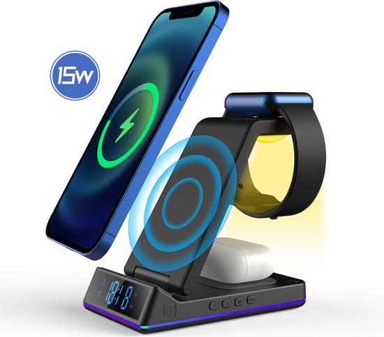 MyCharger® 5 in 1 Apple draadloze oplader Led + wekker telefoon/horloge ...