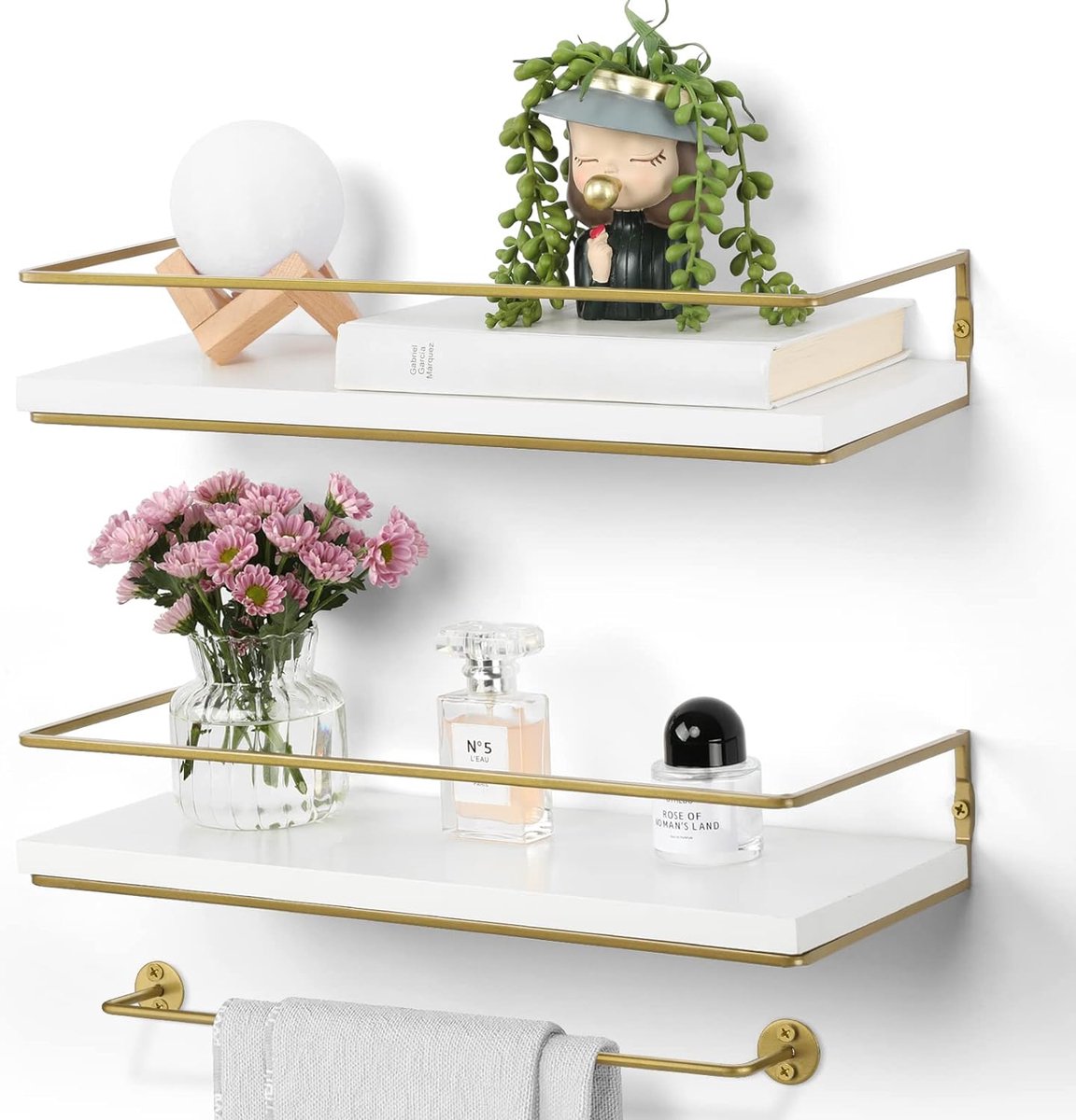 Wandrek, wit, set van 2, houten wandrek, 40 cm, zwevend rek met gouden ...