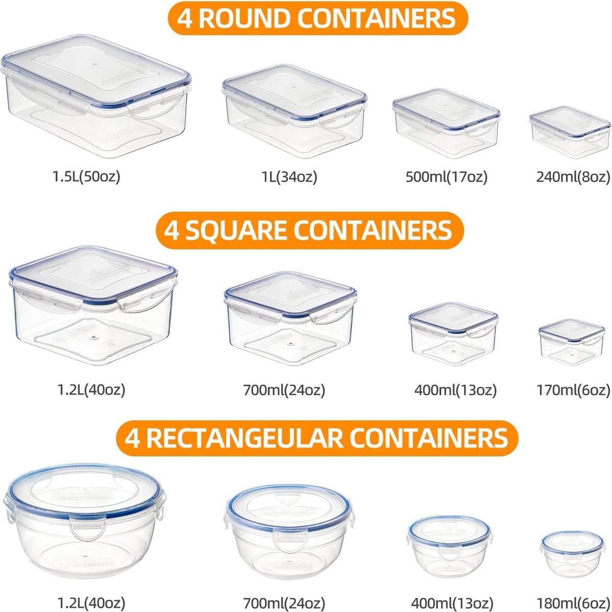 Voedselopslagcontainers met deksel, opslagcontainerset, 24 stuks (12 ...