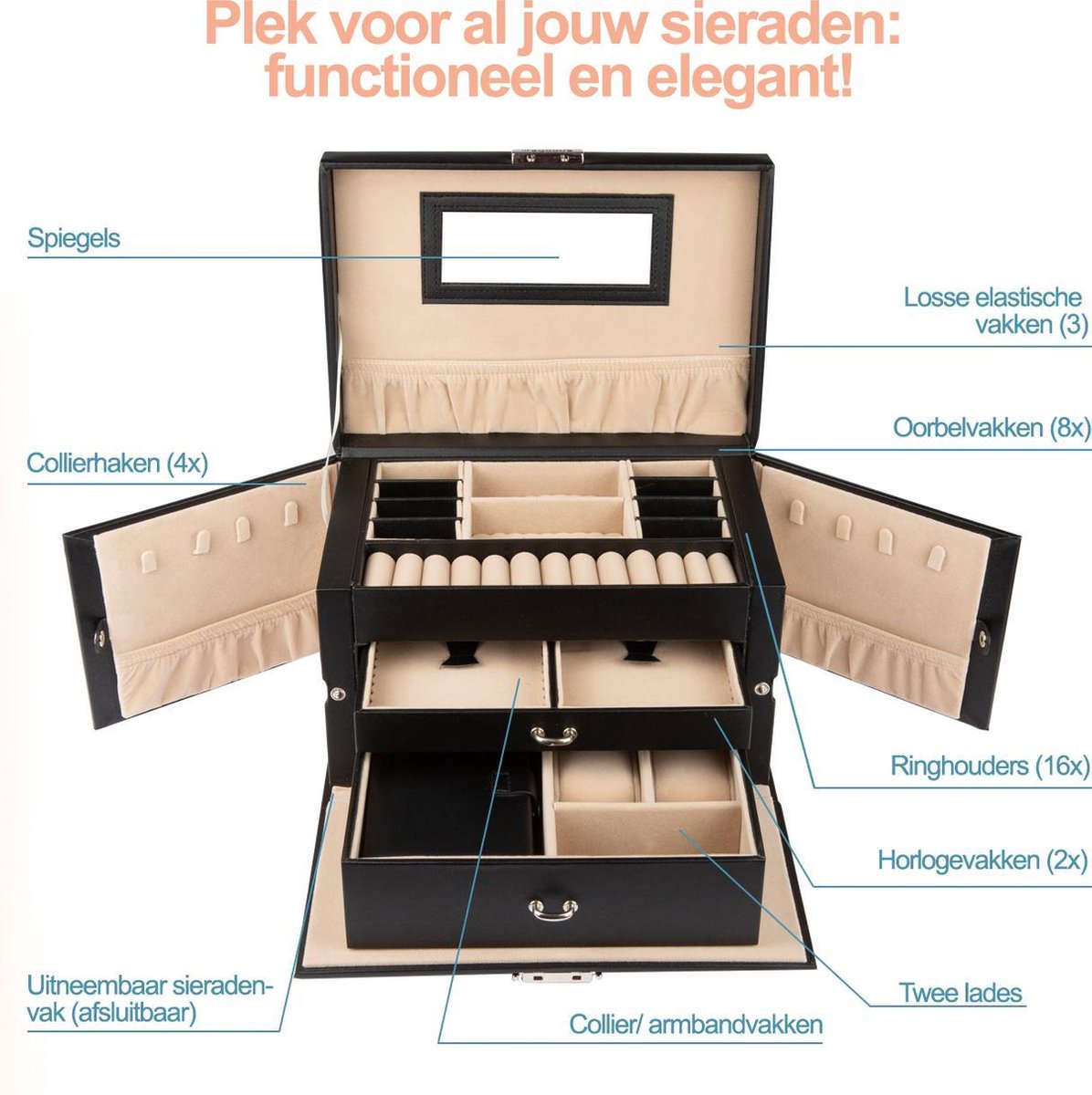 LifeGoods Sieradendoos XL - Juwelendoos - 20 Vakken - Zwart/Beige | bol.com