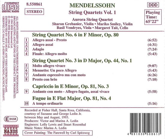 Aurora String Quartet - String Quartets 1 (CD), Felix Mendelssohn | Muziek | bol.com