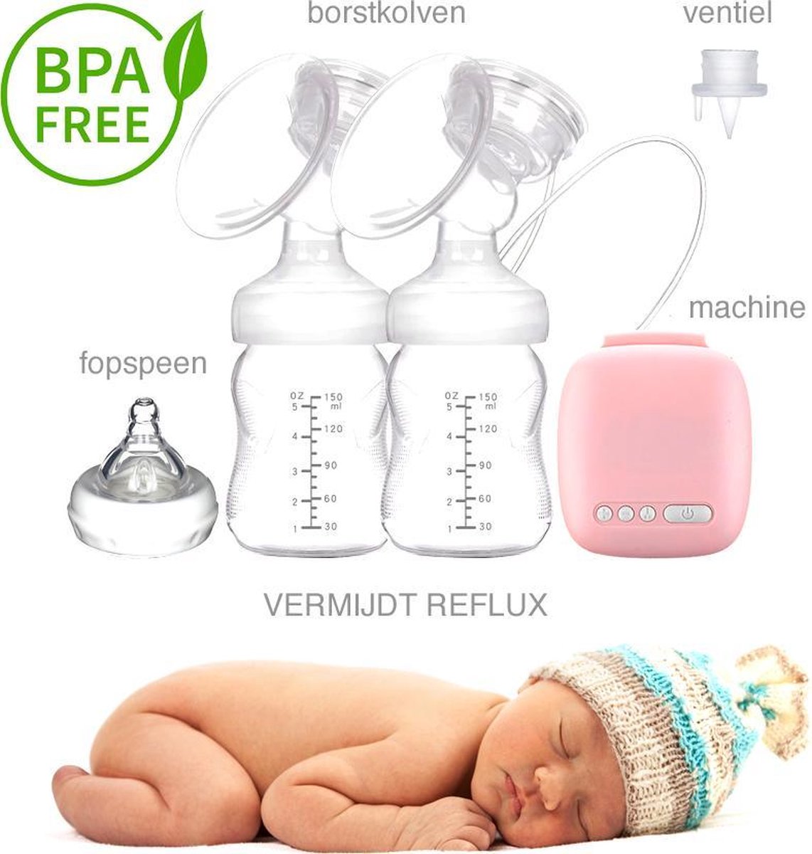 Dubbele Elektrische Borstkolf Kolfapparaat BPA-Vermijd REFLUX-Roze 150 ...
