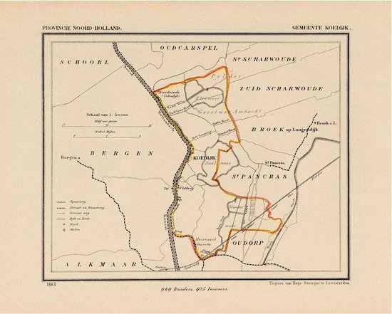Historische kaart, plattegrond van gemeente Koedijk in Noord Holland ...