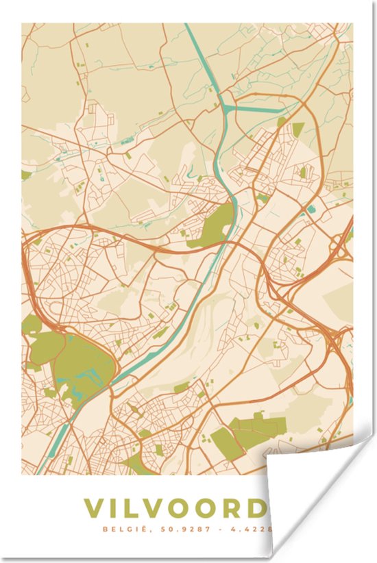 Poster Plattegrond - Stadskaart - Vintage - Vilvoorde - Kaart - 40x60 ...