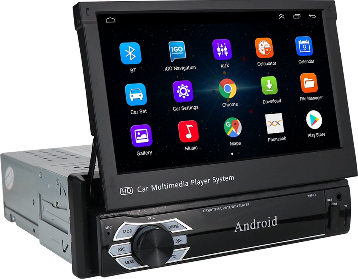 1Din Autoradio - Android 10 - Navigatiesysteem - 7' klapscherm - USB, Aux, Bluetooth,... | bol