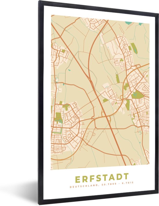 Fotolijst incl. Poster - Erfstadt - Kaart - Stadskaart - Vintage ...