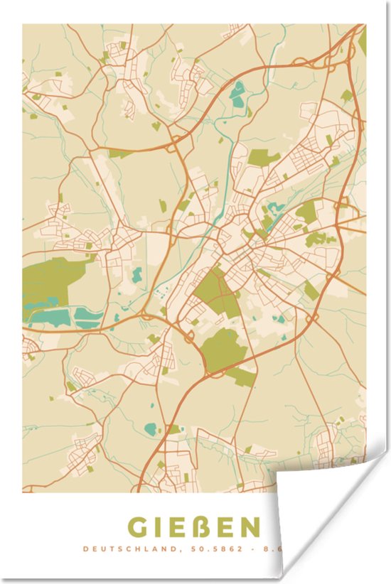 Poster Gießen - Plattegrond - Kaart - Vintage - Stadskaart - 80x120 cm ...