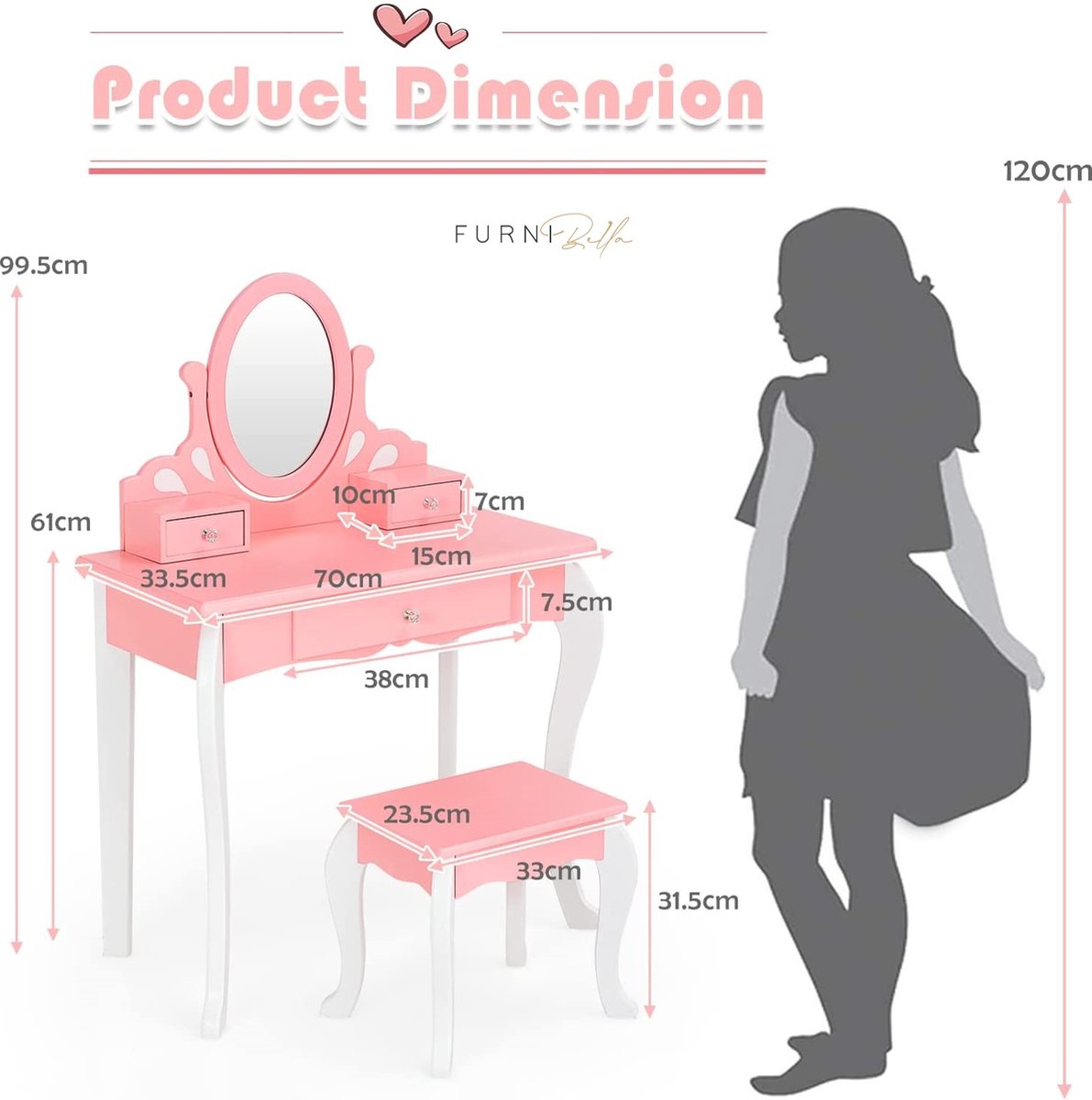 FURNIBELLA - Kinderen kaptafel & kruk set, houten kleine prinses make ...