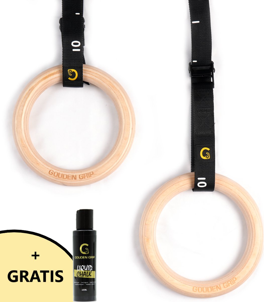 Gouden Grip Turnringen Met Ophangbanden + GRATIS Liquid Chalk - Fitness ...