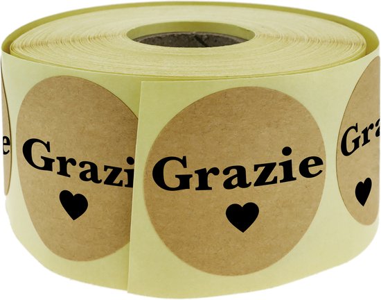 PrimeMatik - Ronde kraftpapier stickers "Grazie" 25 mm, rol van 500 ...